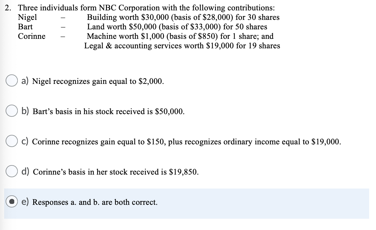 Solved 2. Three individuals form NBC Corporation with the | Chegg.com