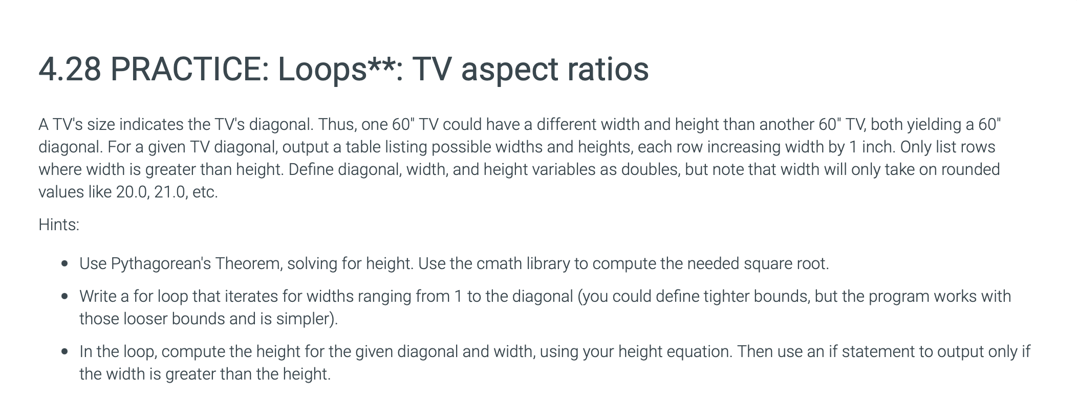 Solved 4.28 PRACTICE: Loops ∗⋆: TV aspect ratios A TV's size | Chegg.com