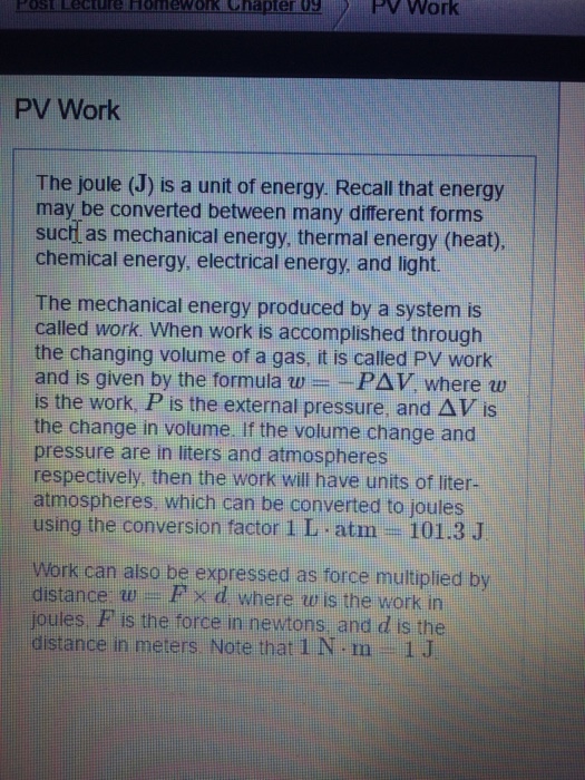 Solved PV Work re Hornework Chapter US PV Work The joule (J) | Chegg.com