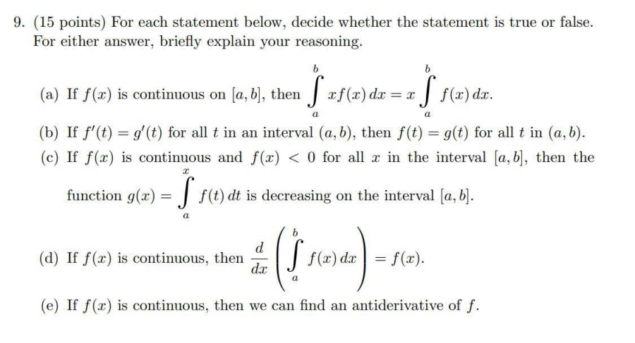 Solved 9. (15 points) For each statement below, decide | Chegg.com