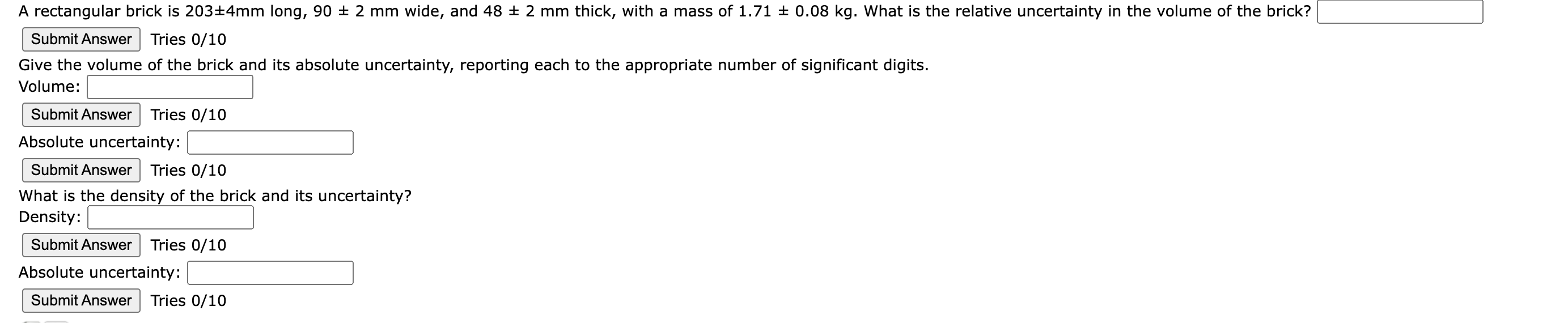 Solved Tries 0/10 Give the volume of the brick and its | Chegg.com