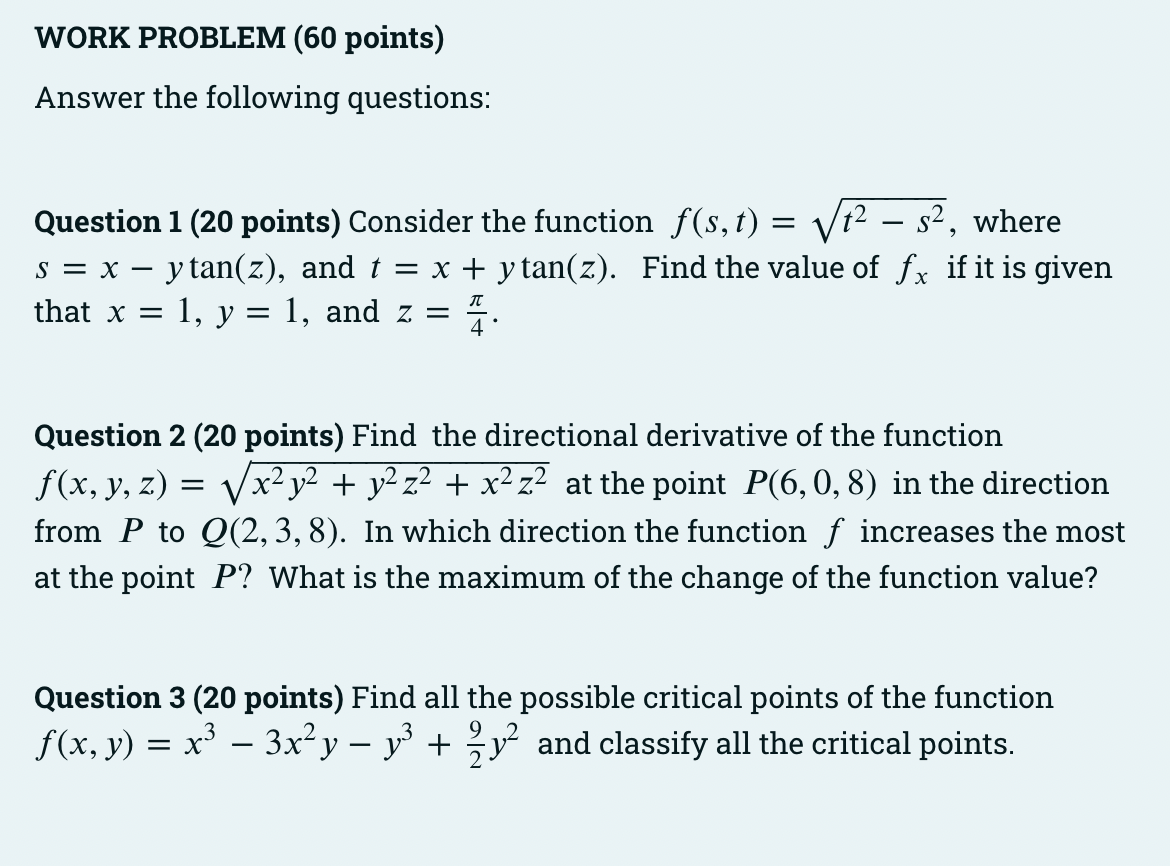 Solved WORK PROBLEM (60 points) Answer the following | Chegg.com
