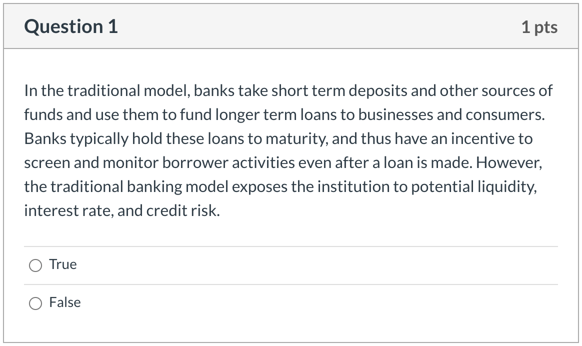 Solved Question 1 1 pts In the traditional model, banks take | Chegg.com