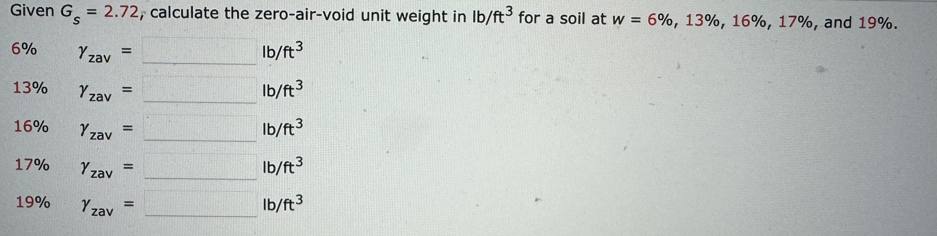 Solved Given Gs=2.72, ﻿calculate the zero-air-void unit | Chegg.com