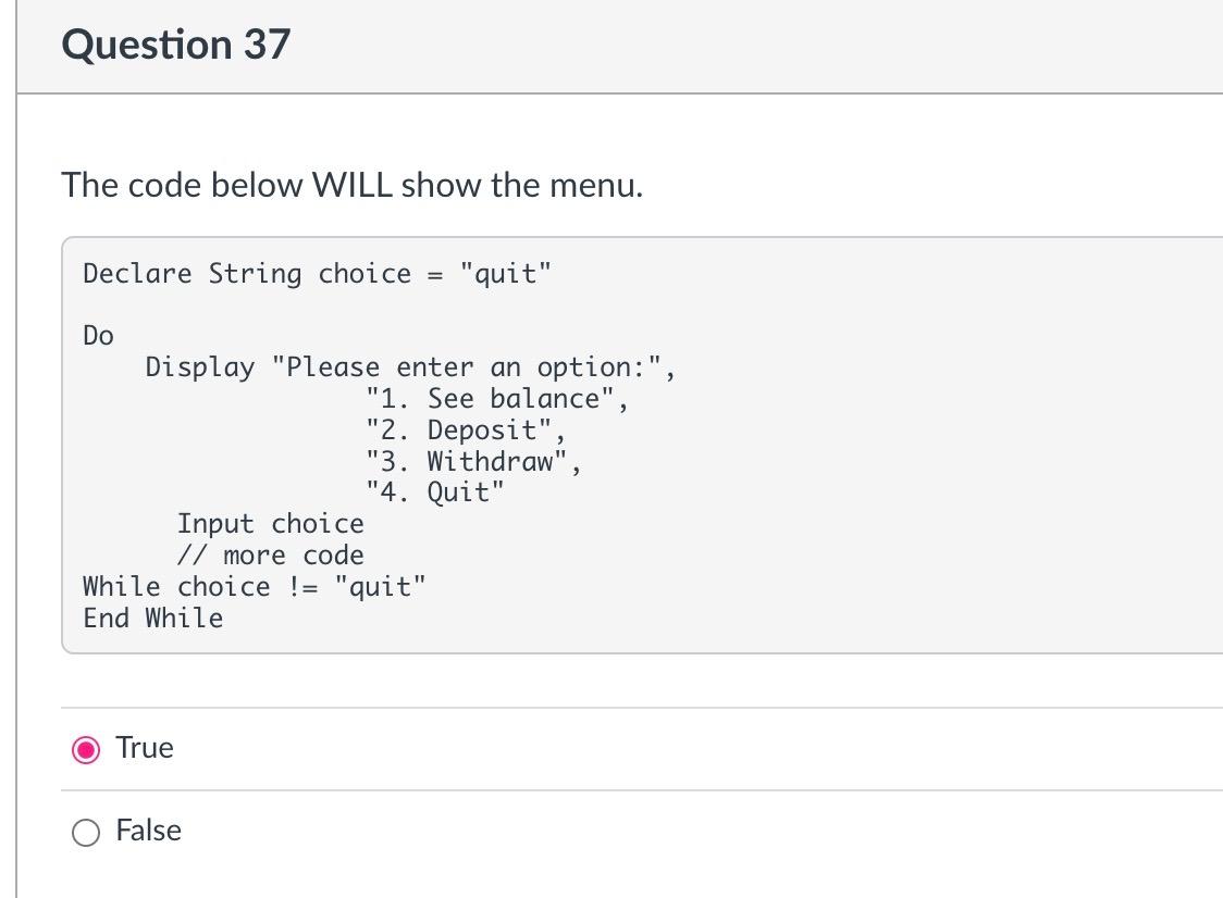 Solved Declare String choice = "quit" Do Display "Please | Chegg.com