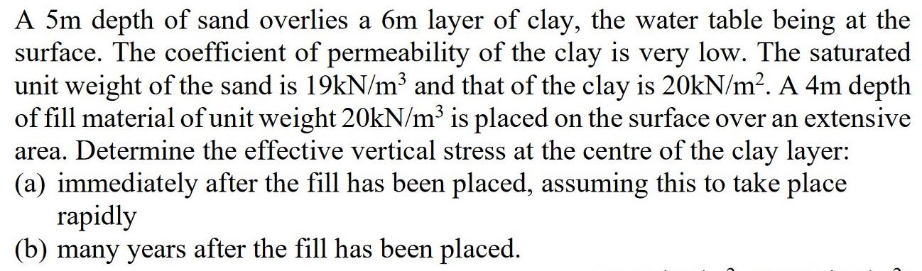 Solved A 5 m depth of sand overlies a 6 m layer of clay, the | Chegg.com