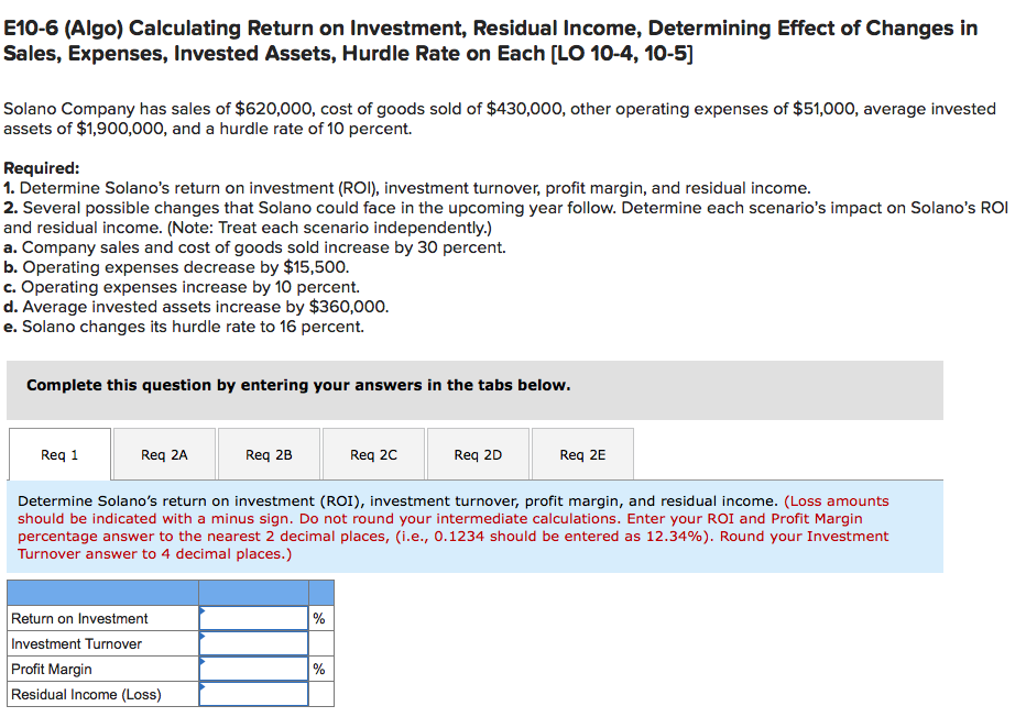 Solved E10-6 (Algo) Calculating Return on Investment, | Chegg.com