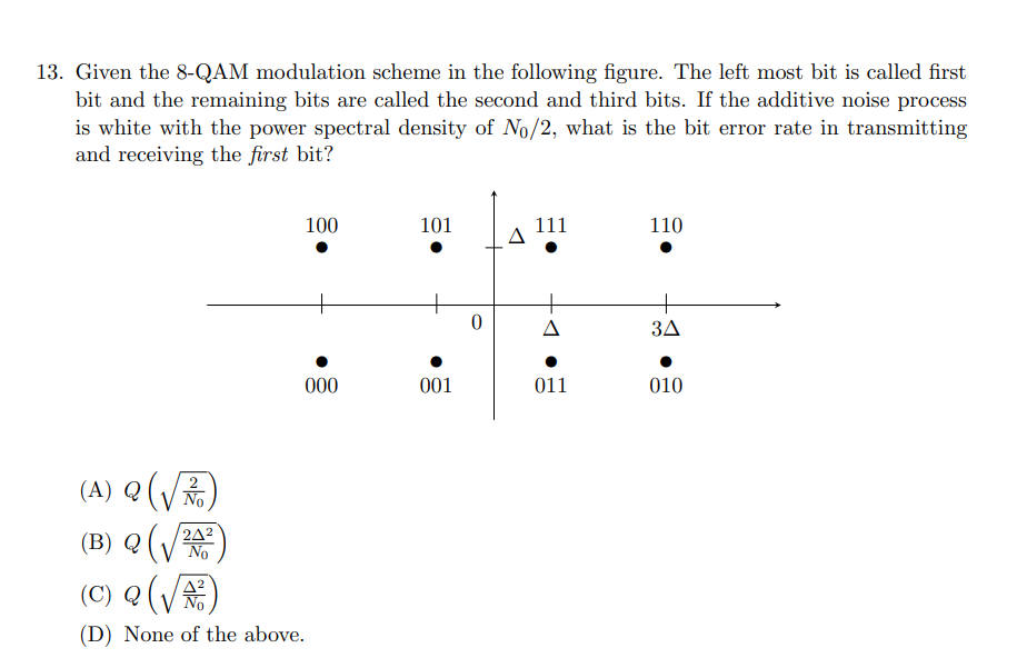 Solved 13. Given the 8-QAM modulation scheme in the | Chegg.com