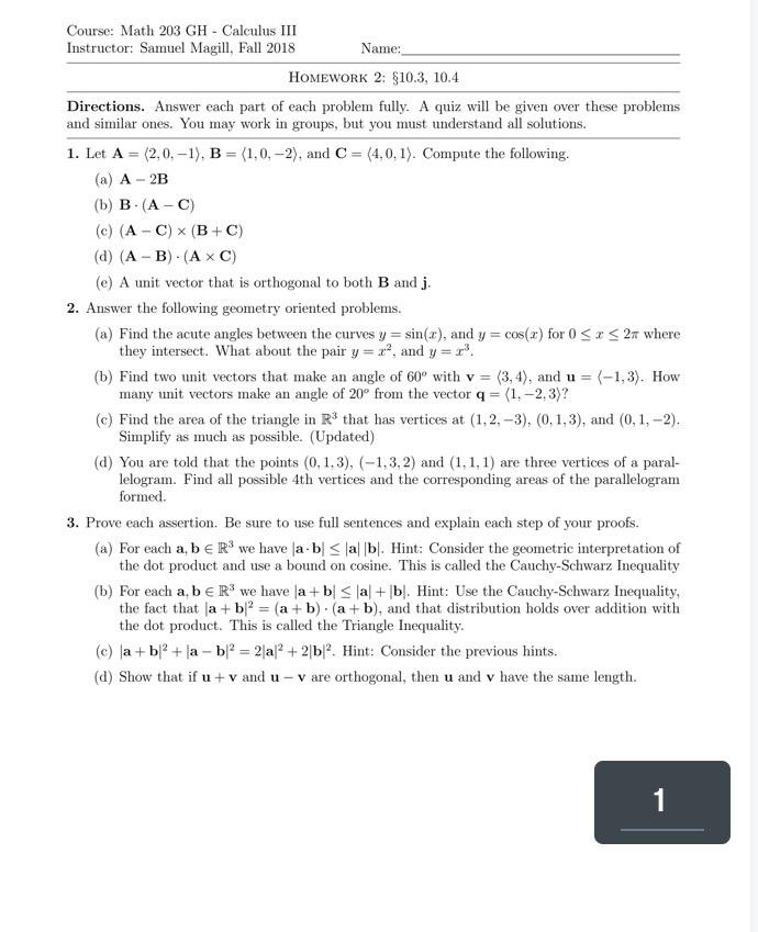 Solved Course: Math 203 GH - Calculus III Instructor Samuel | Chegg.com
