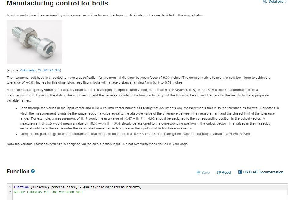 Solved Manufacturing control for bolts A bolt manufacturer | Chegg.com