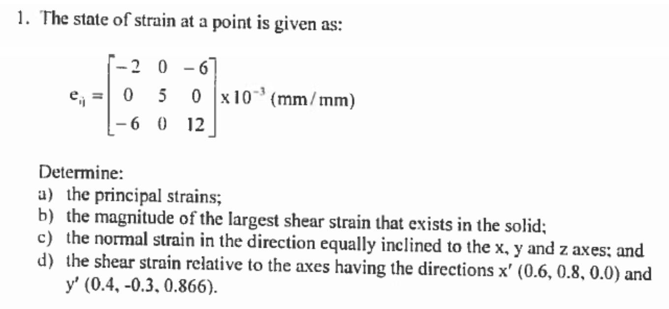 Solved 1. The state of strain at a point is given as: - 2 0 | Chegg.com