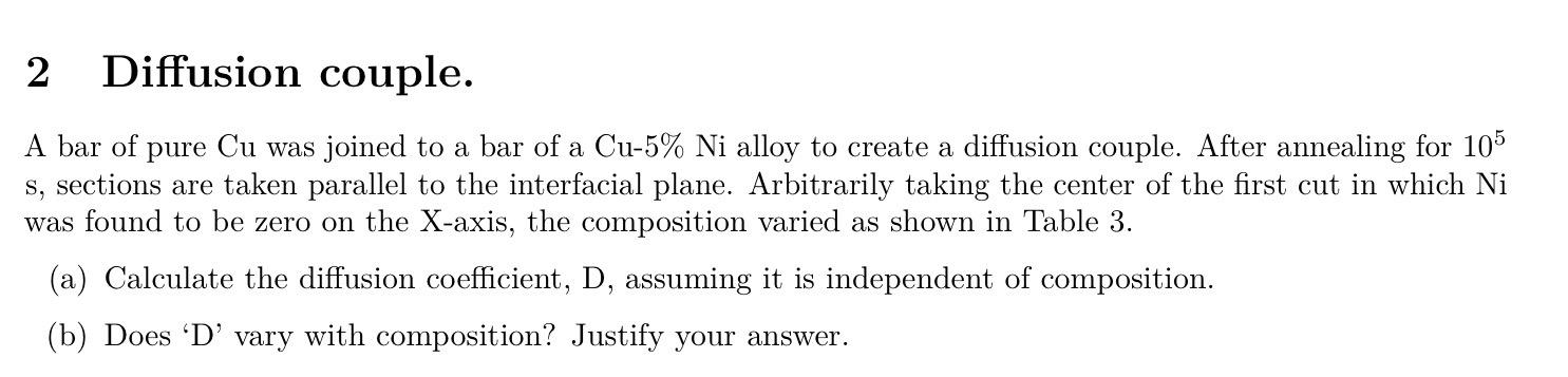 Solved 2 Diffusion couple. A bar of pure Cu was joined to a | Chegg.com