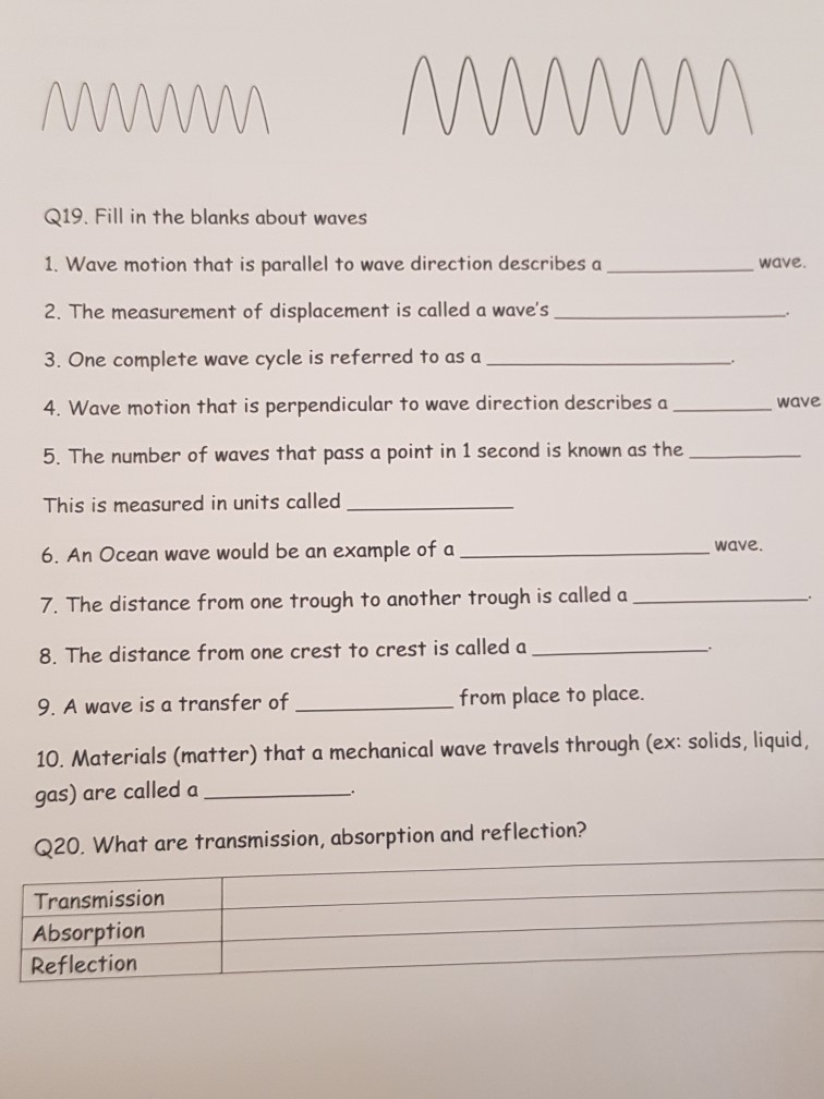 Solved wwa Q19. Fill in the blanks about waves 1. Wave | Chegg.com