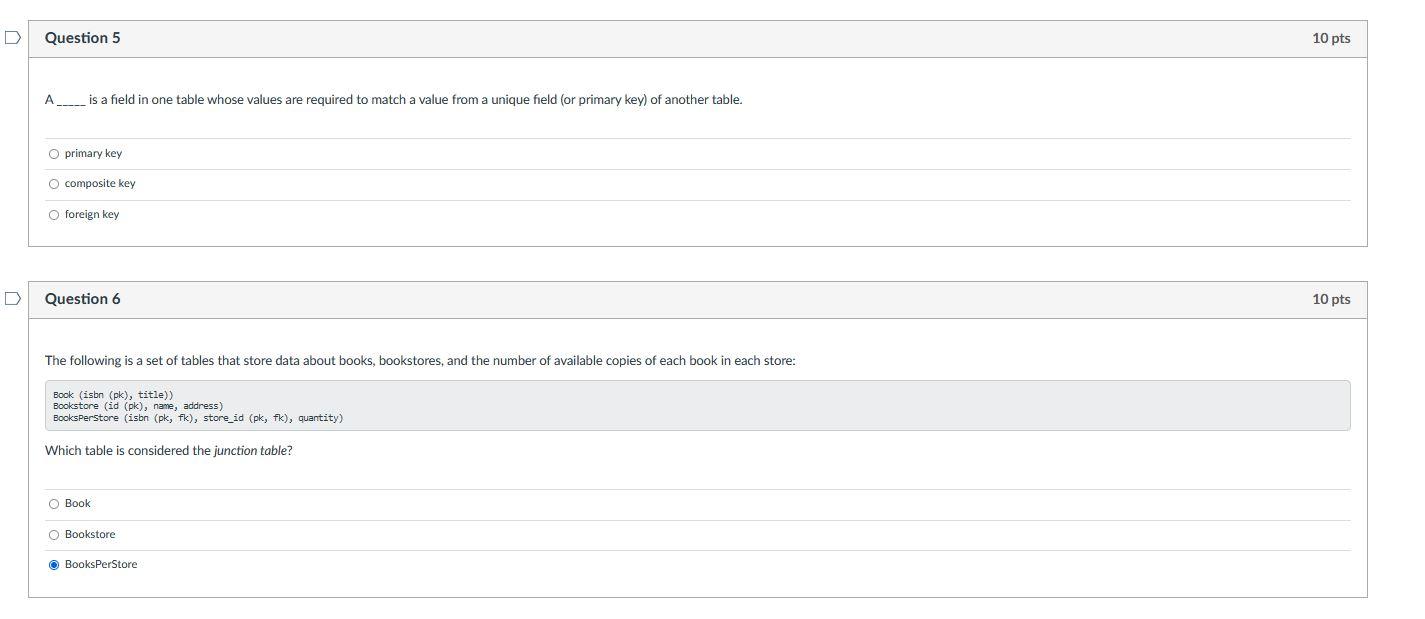 Solved Question 5 10 pts A__ is a field in one table whose | Chegg.com