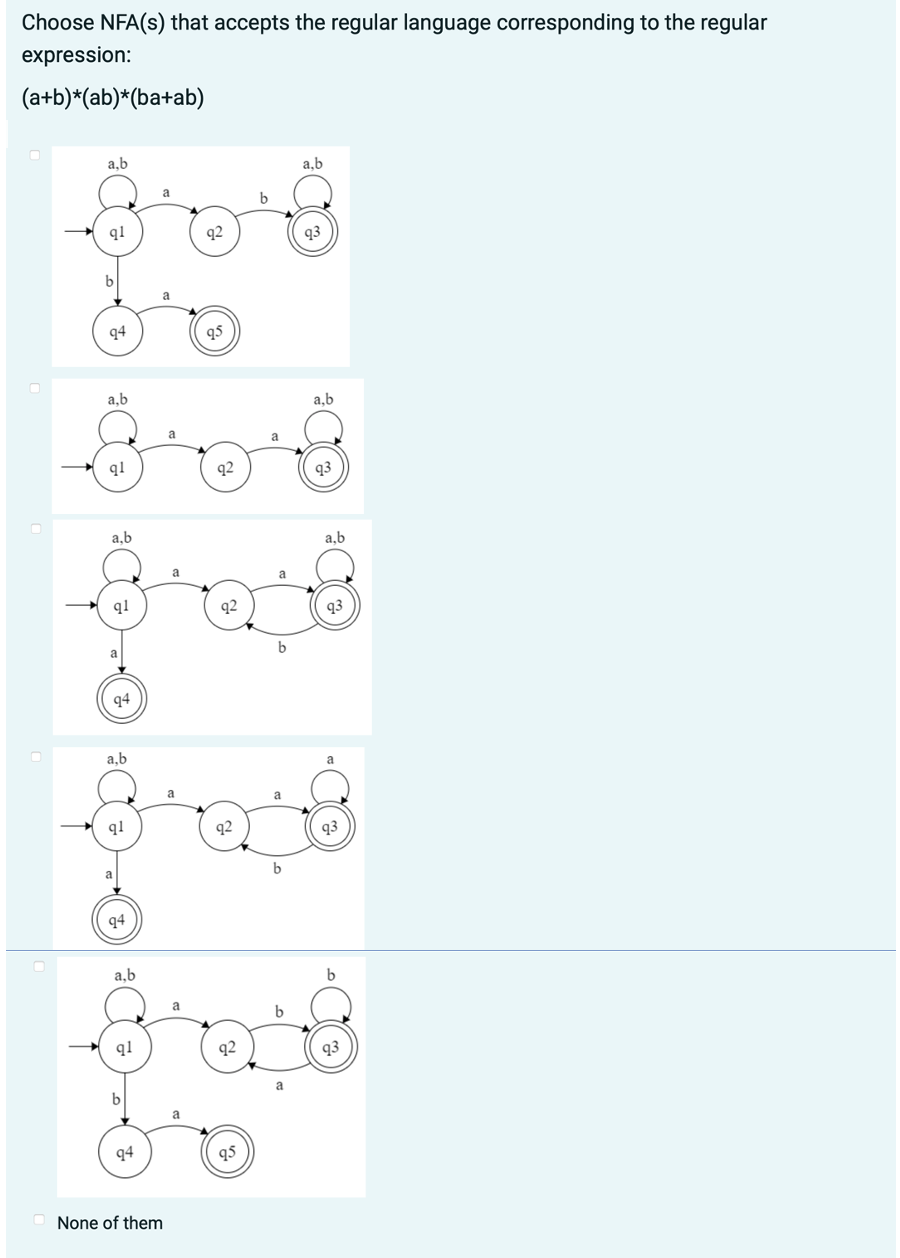Solved Choose NFA(s) that accepts the regular language | Chegg.com