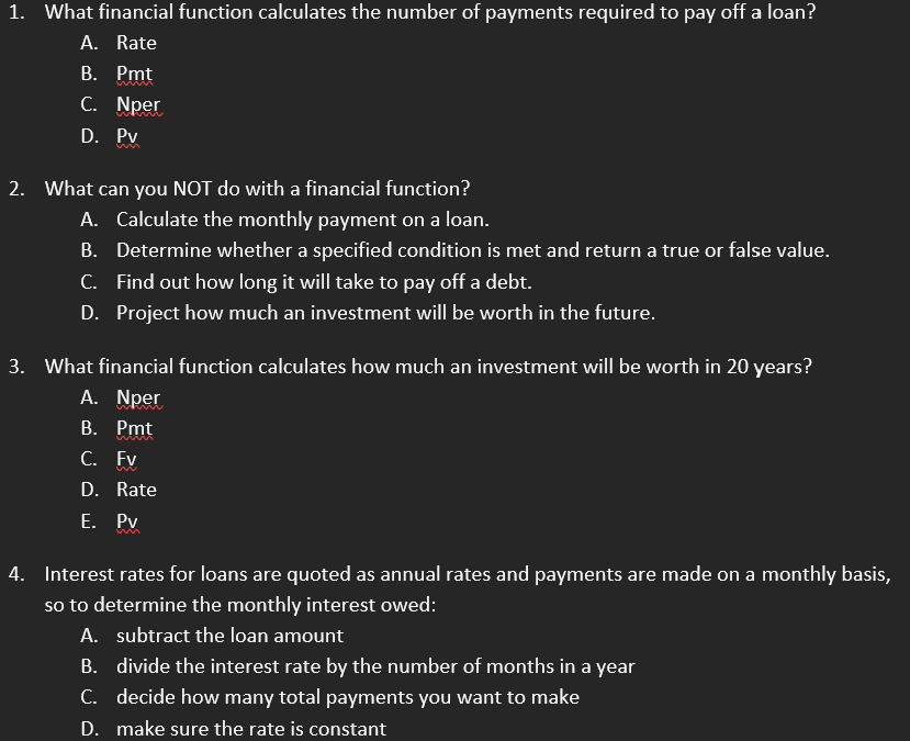 Solved 1. What financial function calculates the number of | Chegg.com