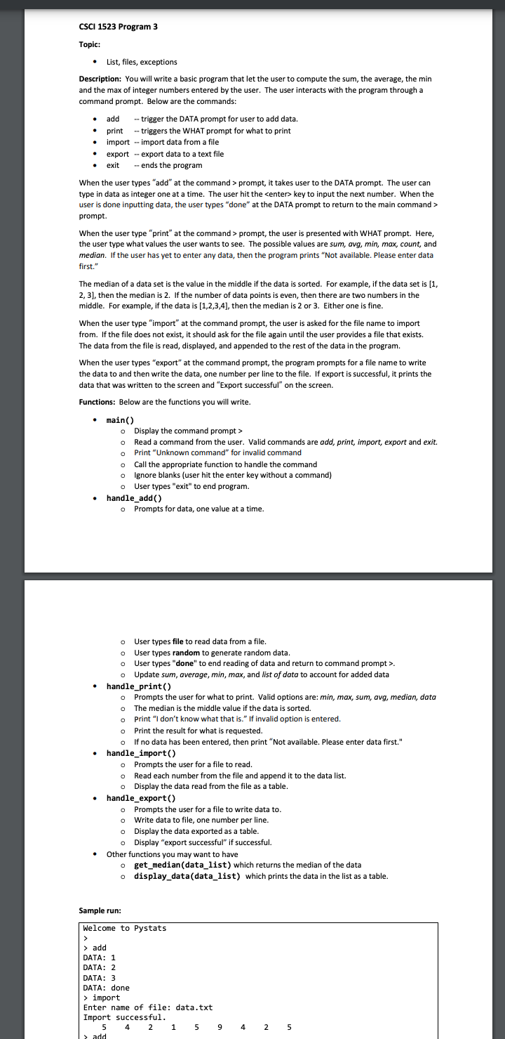 CSCI 1523 Program 3 Topic: List, files, exceptions | Chegg.com