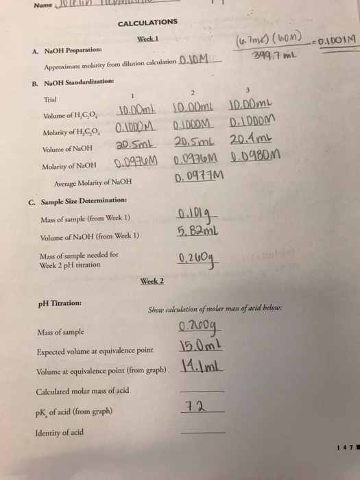 Solved Name CALCULATIONS Weck1 A. NaOH Preparation: m | Chegg.com