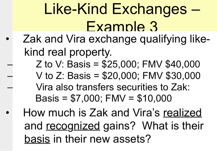 Solved Like-Kind Exchanges Example 3 Zak and Vira exchange | Chegg.com