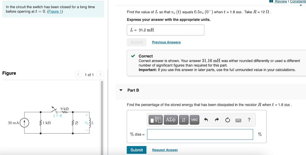 Solved Review | Constants In the circuit the switch has been | Chegg.com