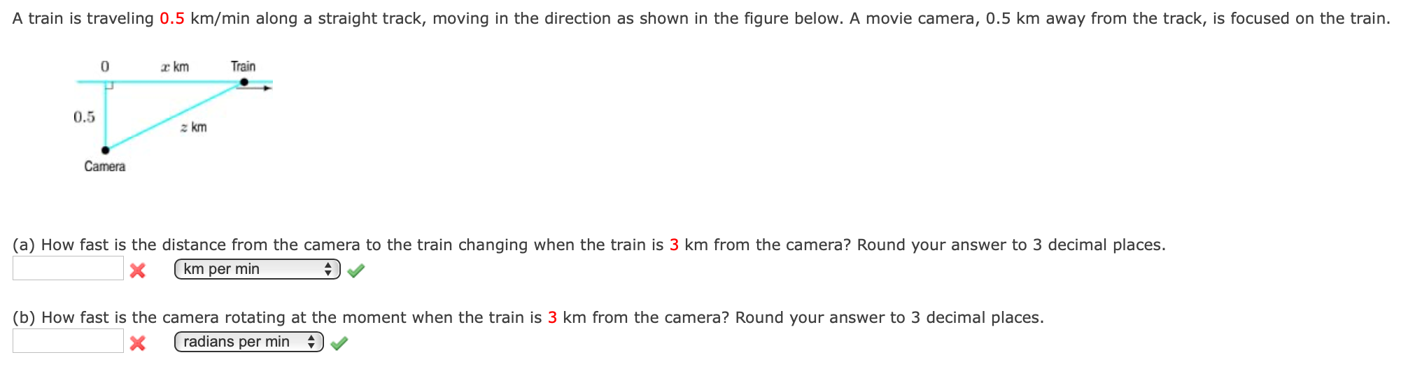 Solved A train is traveling 0.5 km/min along a straight | Chegg.com