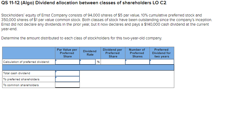 Solved QS 11-12 (Algo) Dividend allocation between classes | Chegg.com