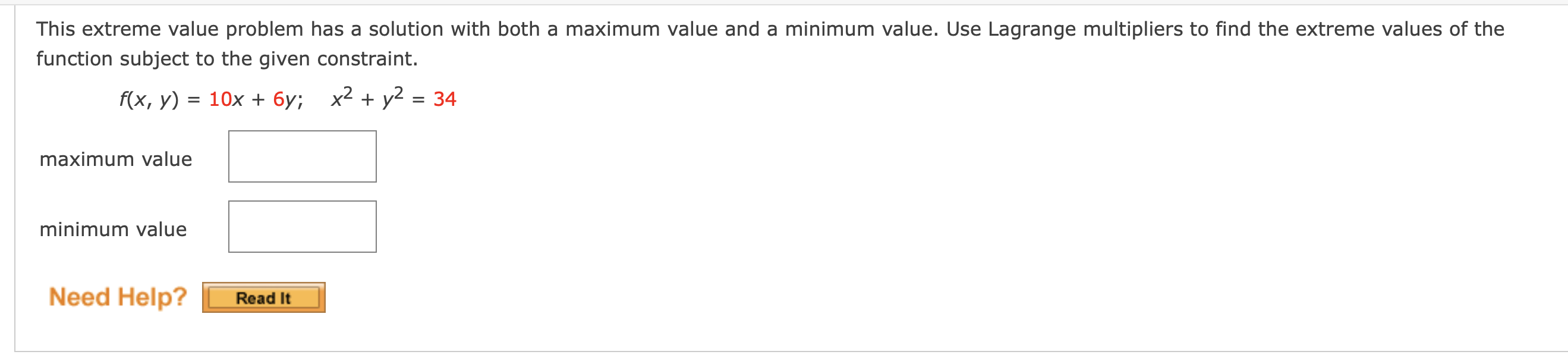 Solved This extreme value problem has a solution with both a | Chegg.com