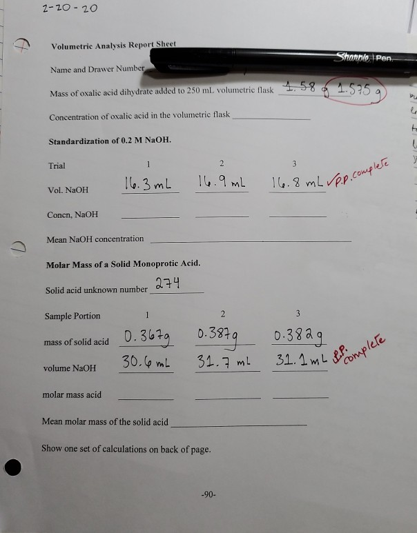 Solved 2-20-20 Volumetric Analysis Report Sheet Stronnie Pen | Chegg.com