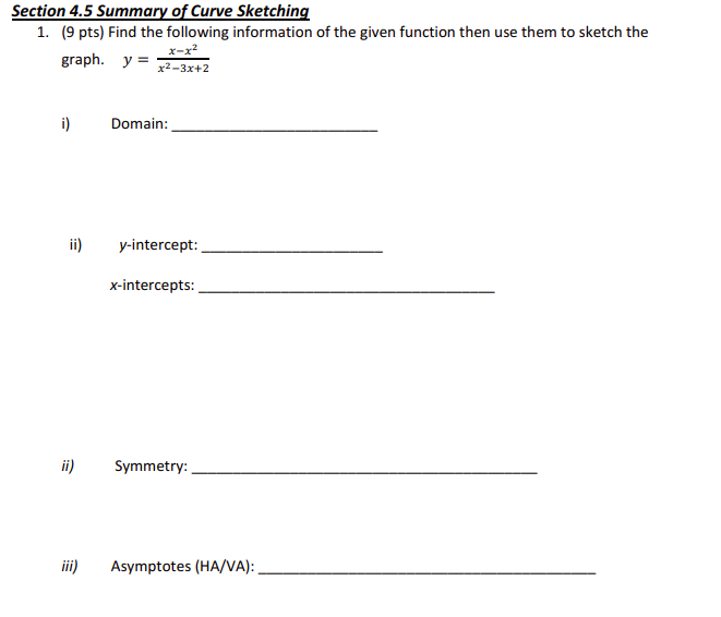 Solved Section 4.5 Summary of Curve Sketching 1. (9 pts) | Chegg.com