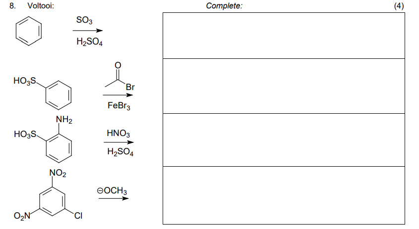 Solved 8. Voltooi: Complete: (4) SO3 H2SO4 HOS Br FeBr 3 NH2 | Chegg.com