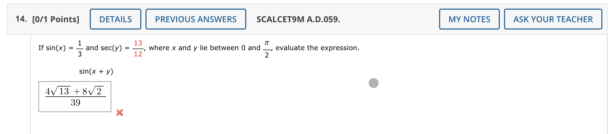 Solved If sin(x)=13 ﻿and sec(y)=1312, ﻿where x ﻿and y ﻿lie | Chegg.com