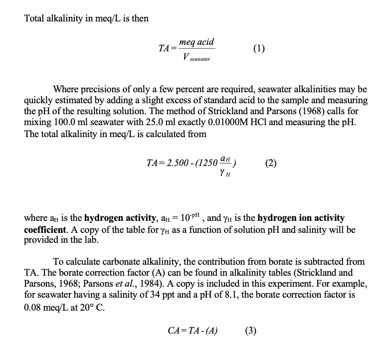 Total alkalinity in meq/L is then TA meq acid (1) V | Chegg.com