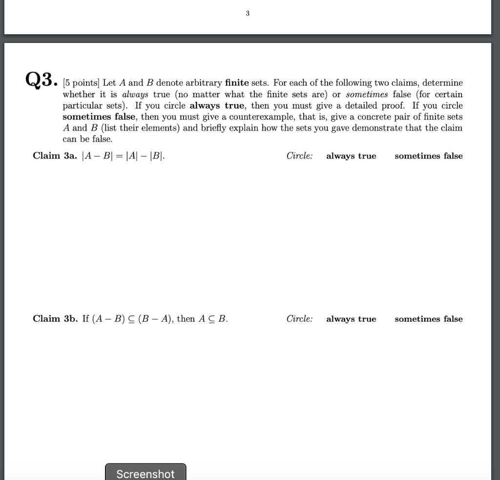 Solved . [5 points] Let A and B denote arbitrary finite | Chegg.com