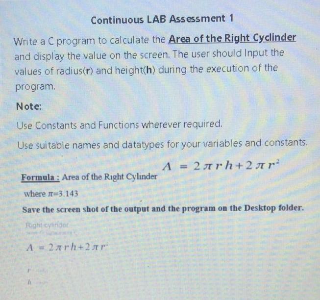 Solved Continuous LAB Assessment 1 Write a C program to | Chegg.com