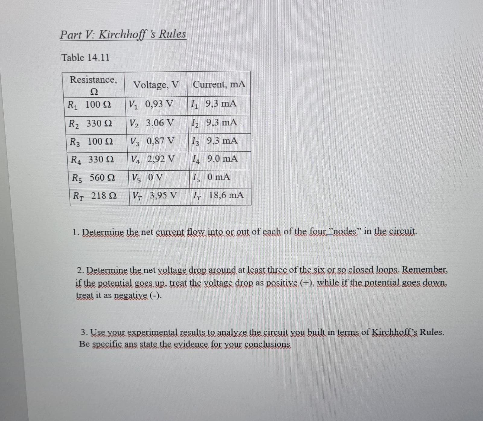 Solved Part V: Kirchhoff 's Rules Table 14.11 1. Determine | Chegg.com