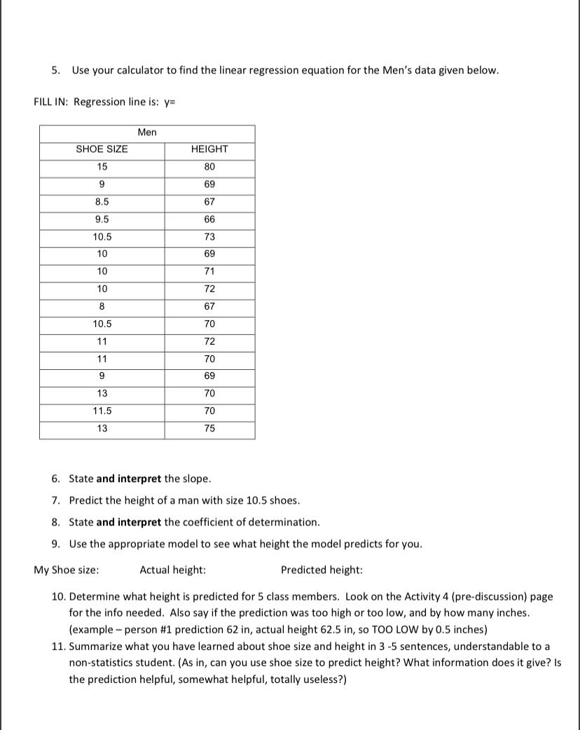 Solved Activity 3 -- Using Shoe Size to predict Height This | Chegg.com