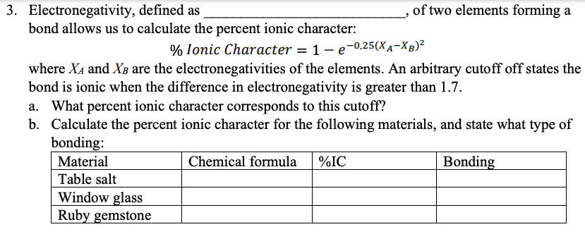 Solved 3. Electronegativity, defined as of two elements | Chegg.com