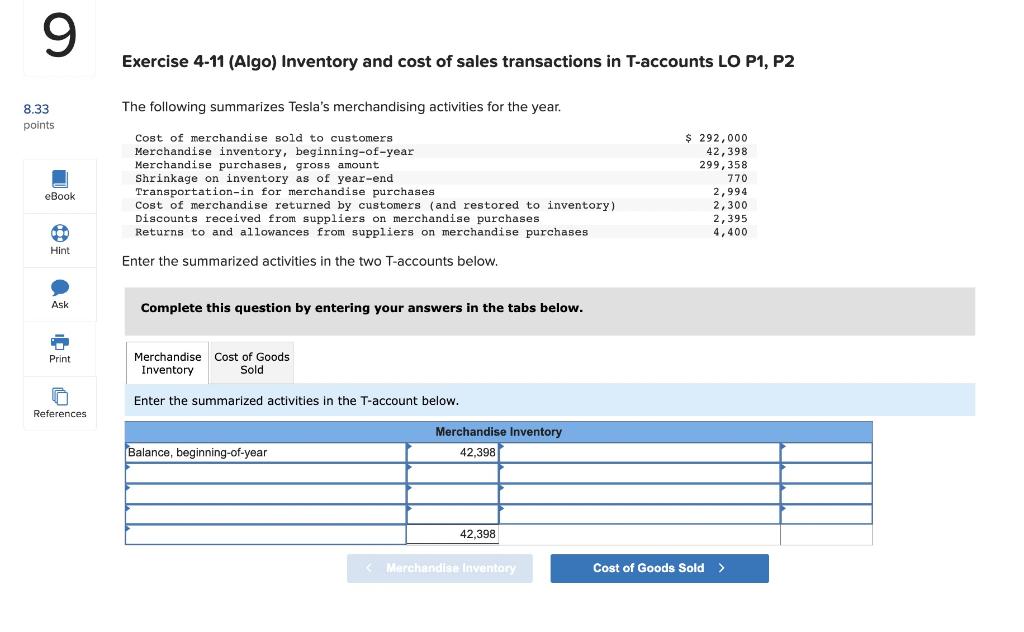 Solved Exercise 4-11 (Algo) Inventory and cost of sales | Chegg.com