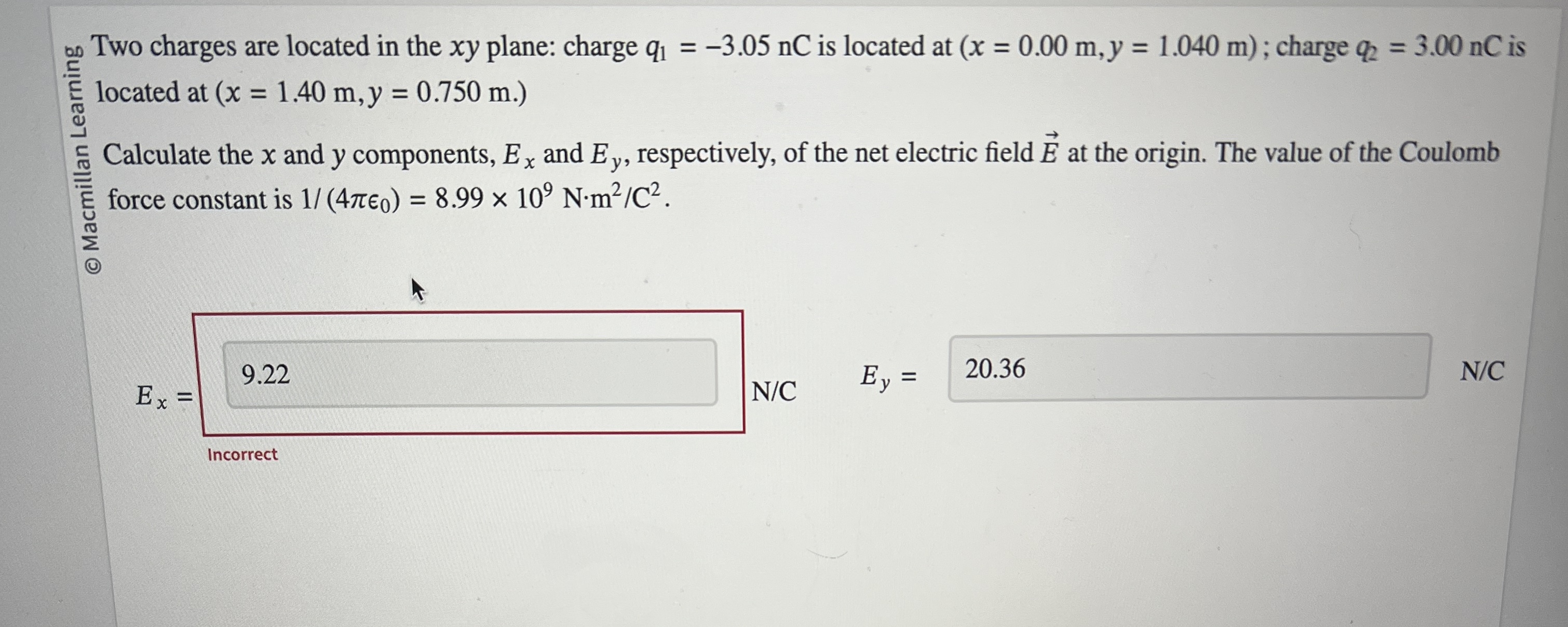 Solved Two charges are located in the xy ﻿plane: charge | Chegg.com