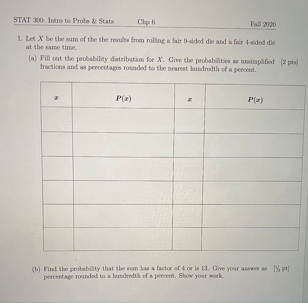 Solved STAT 300: Intro to Probs & Stats Chp 6 Fall 2020 1. | Chegg.com