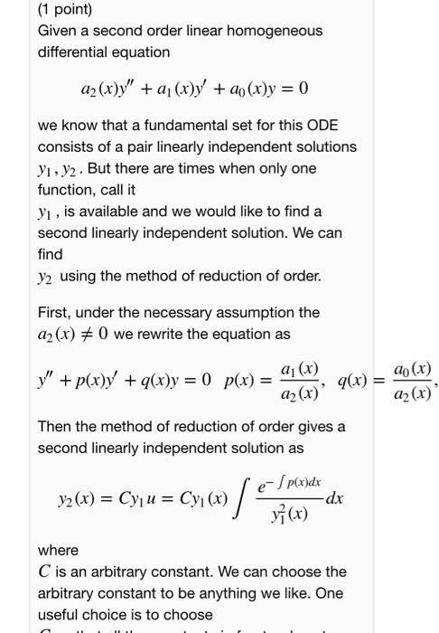 Solved (1 point) Given a second order linear homogeneous | Chegg.com