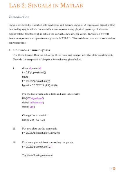LAB 2: SINGALS IN MATLAB Introduction Signals are | Chegg.com