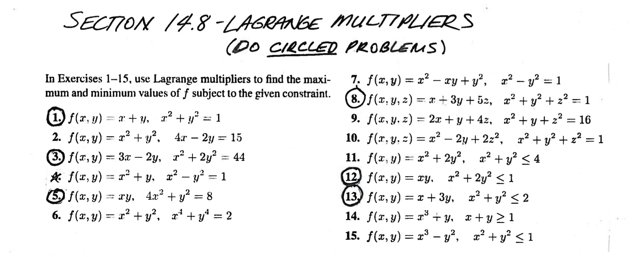Solved SECTION 14.8 -LAGRANGE MULTIPLIERS (DO CIRCLED | Chegg.com