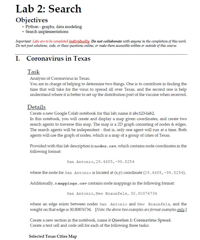 Lab 2: Search Objectives • Python - graphs, data | Chegg.com