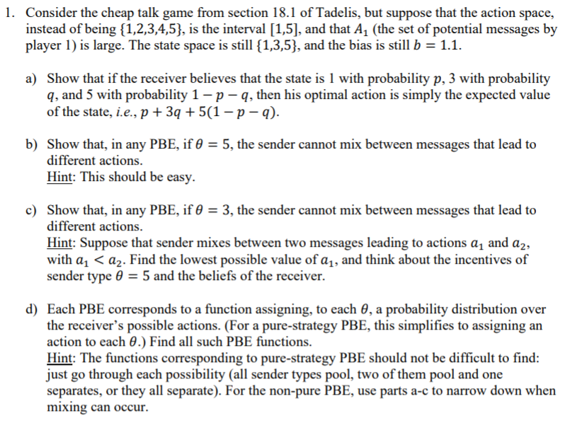 1. Consider the cheap talk game from section 18.1 of | Chegg.com