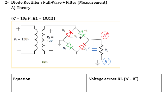 Solved 2- ﻿Diode Rectifier : Full-Wave + ﻿Filter | Chegg.com