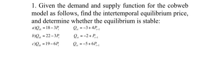 Solved 1. Given the demand and supply function for the | Chegg.com