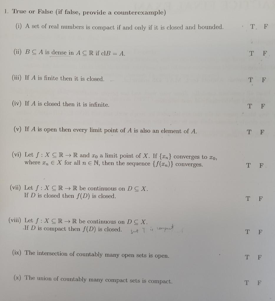 Solved 1. True or False (if false, provide a counterexample) | Chegg.com
