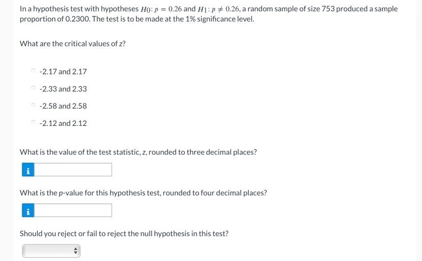 Solved In a hypothesis test with hypotheses H0:p=0.26 and | Chegg.com