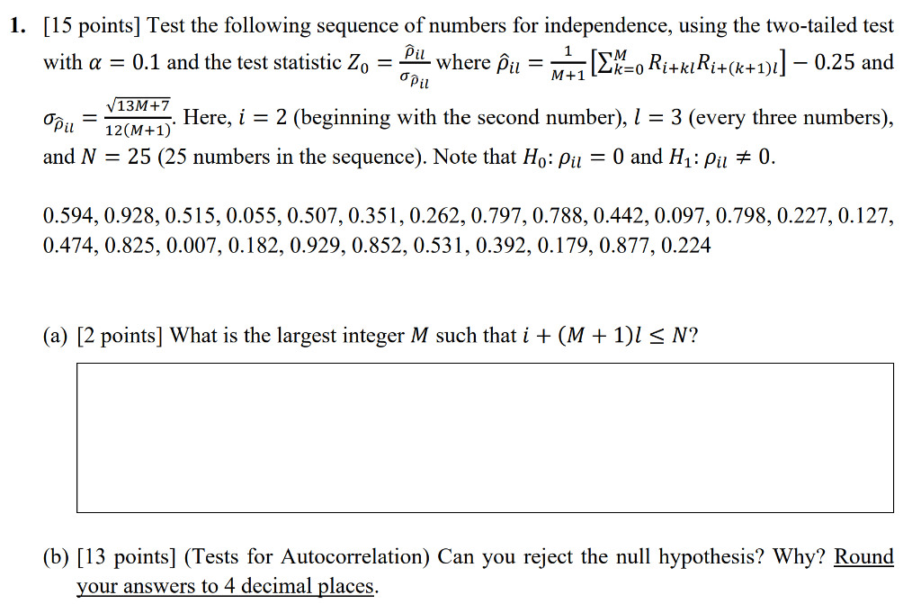 1. [15 points] Test the following sequence of numbers | Chegg.com